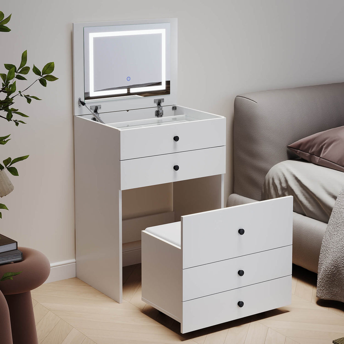 Dressing Table Bedside Tables 2-in-1 Set Hidden Makeup Mirror Storage