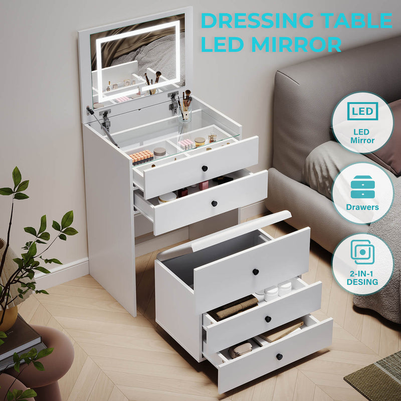 Dressing Table Bedside Tables 2-in-1 Set Hidden Makeup Mirror Storage