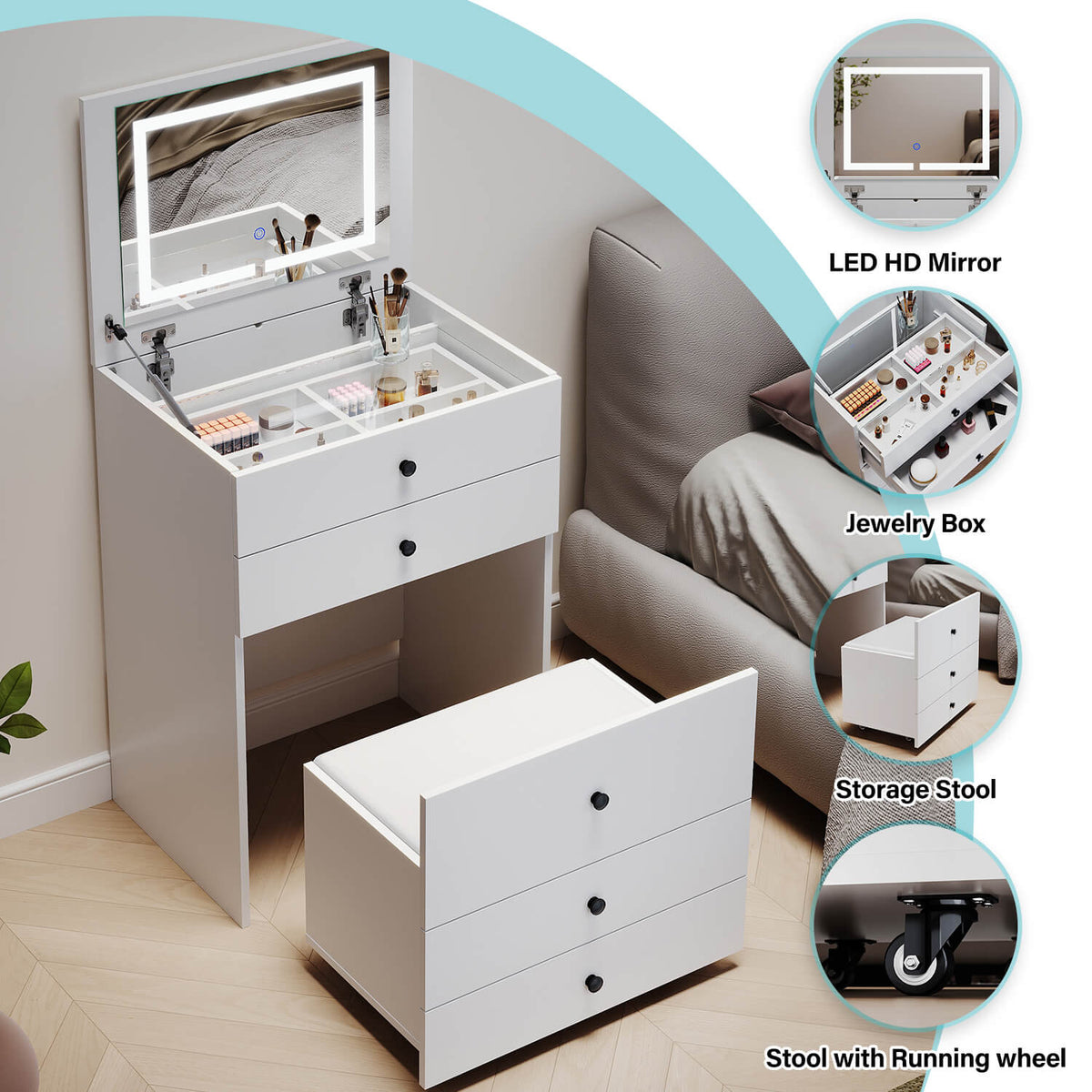 Dressing Table Bedside Tables 2-in-1 Set Hidden Makeup Mirror Storage