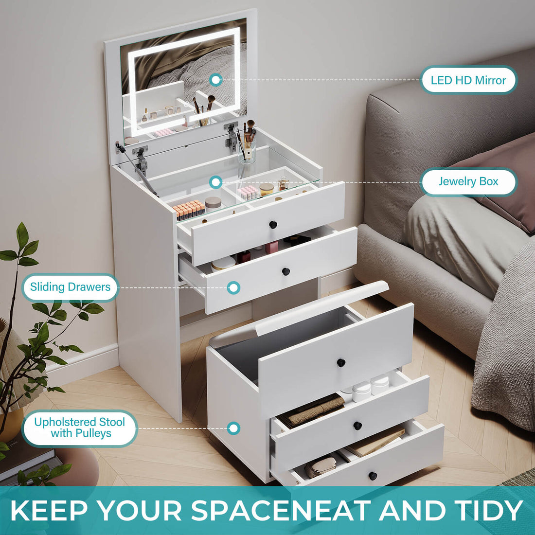 Dressing Table Bedside Tables 2-in-1 Set Hidden Makeup Mirror Storage