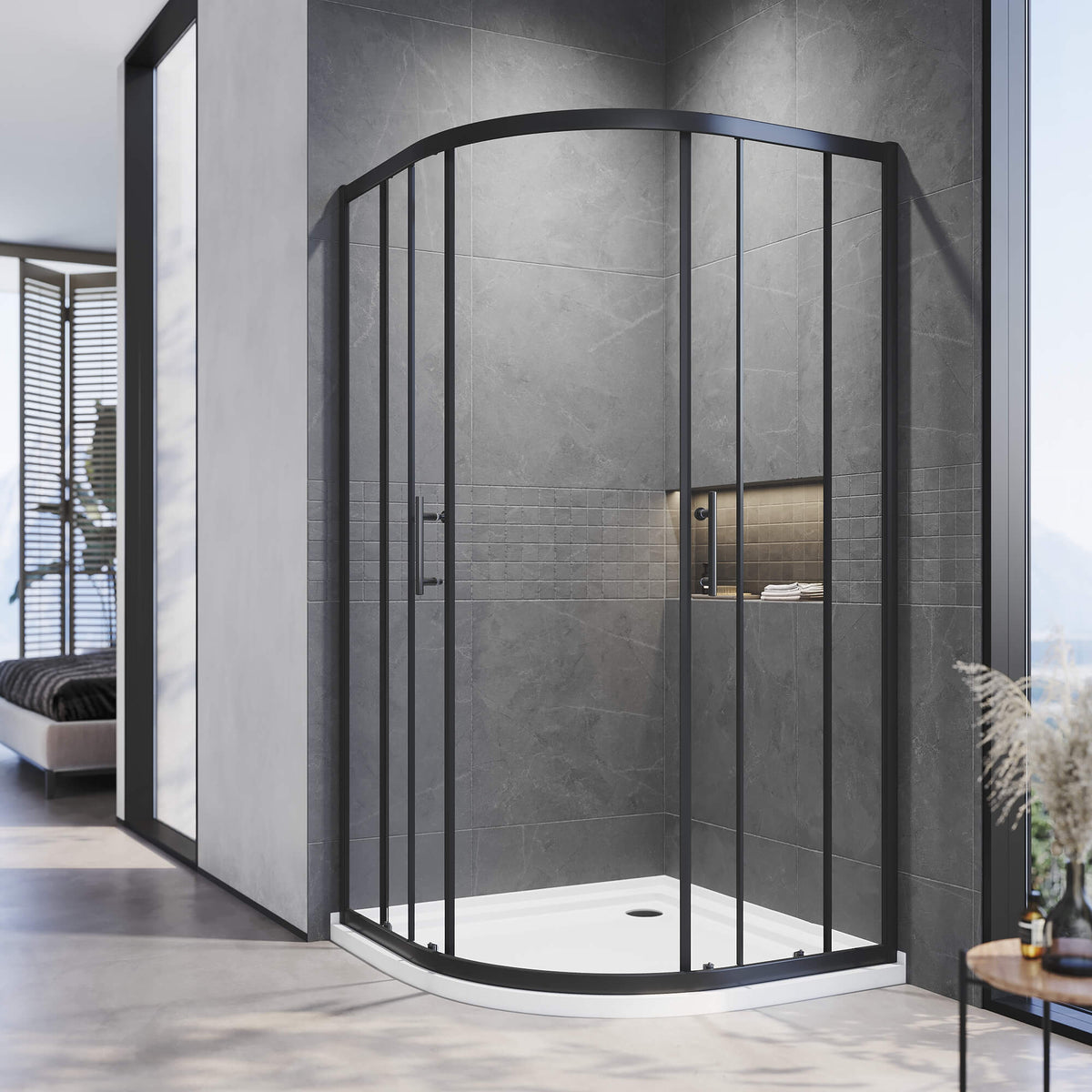 Curved Black Framed Sliding Shower Screen - Elegant Showers