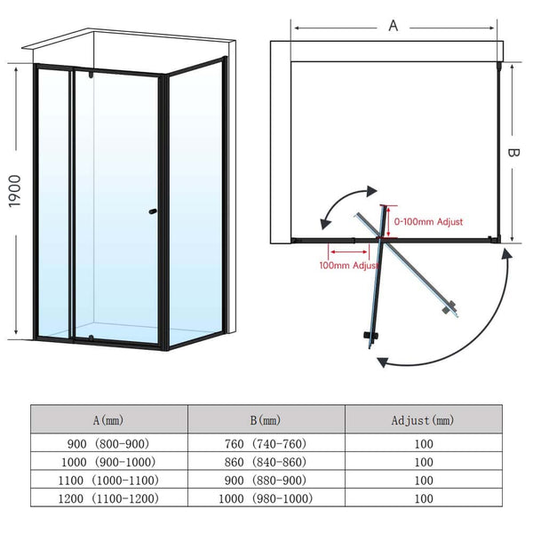 ELEGANT SHOWERS Framed Pivot Shower Screen Cubicle Adjustable Black