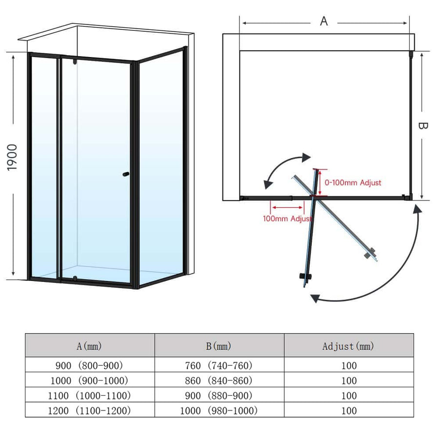ELEGANT SHOWERS Framed Pivot Shower Screen Cubicle Adjustable Black