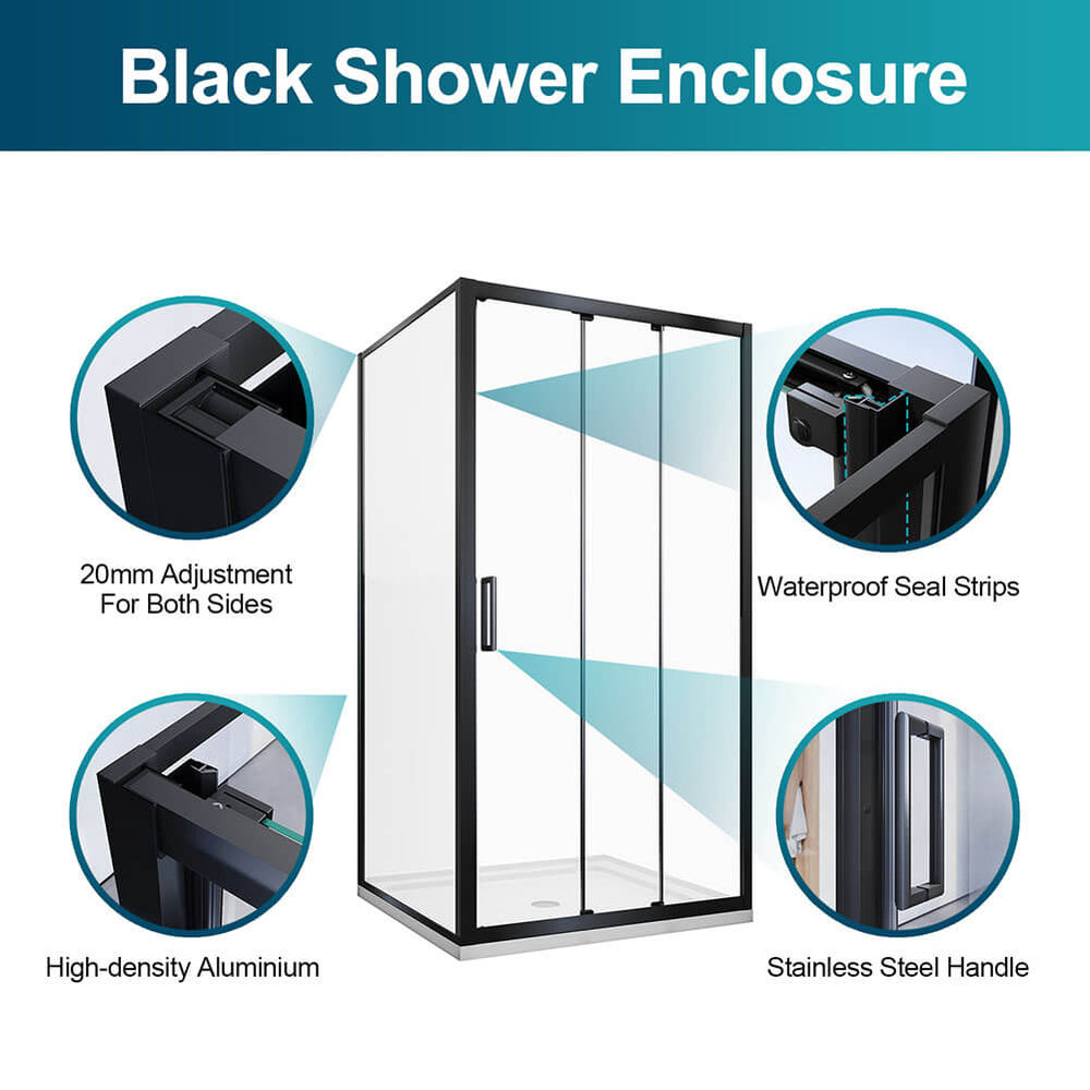 Black 3 Panel Sliding Door with Side panel Shower Enclosure