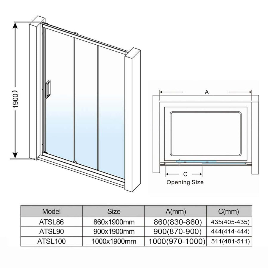Black Corner 3 Panel Shower Screen Sliding Door Safety Enclosure