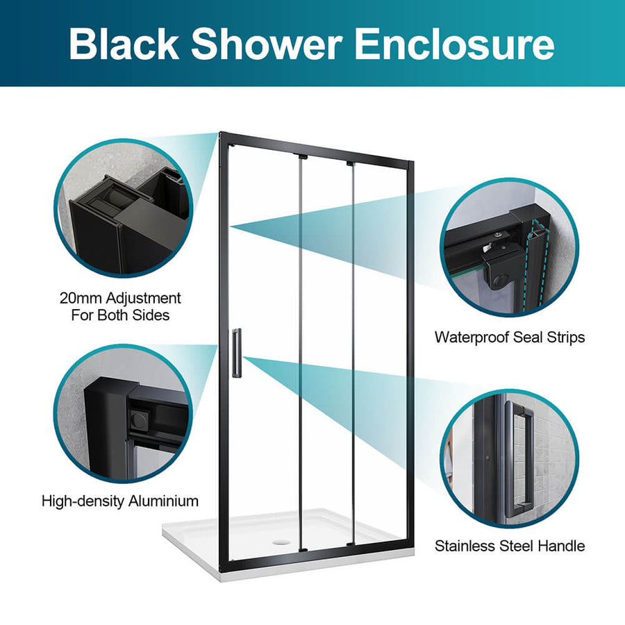 Black Corner 3 Panel Shower Screen Sliding Door Safety Enclosure