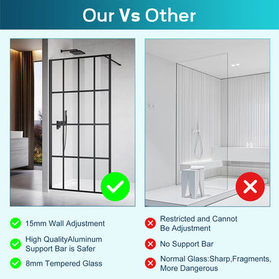 Black Framed Walk in Shower Screen 8mm Tempered Glass Fixed Panel 1000