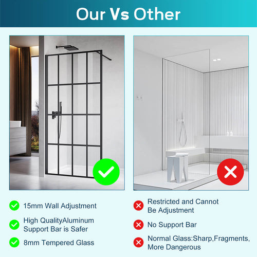 Black Framed Walk in Shower Screen 8mm Tempered Glass Fixed Panel 1000