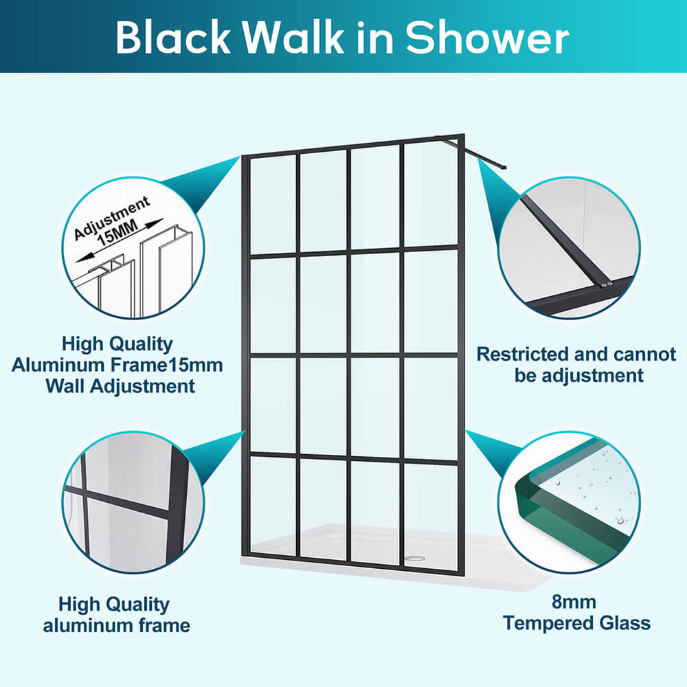 Black Framed Walk in Shower Screen 8mm Tempered Glass Fixed Panel 1000