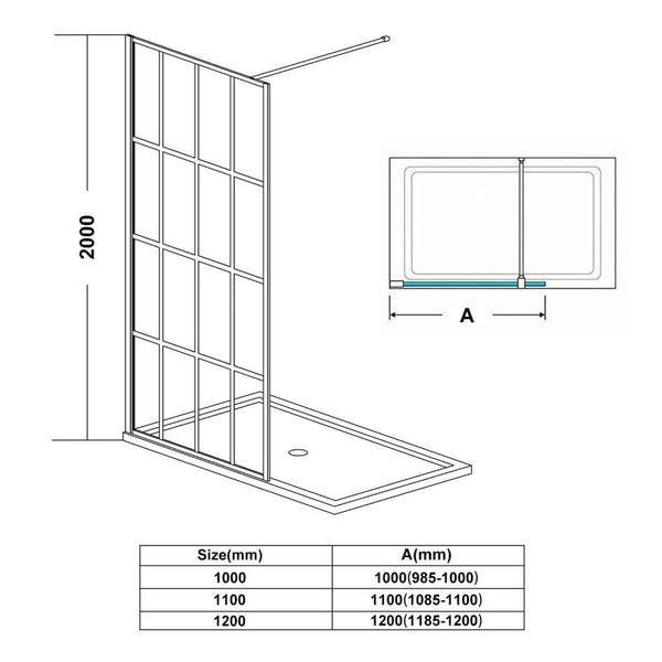 Black Framed Walk in Shower Screen 8mm Tempered Glass Fixed Panel 1000