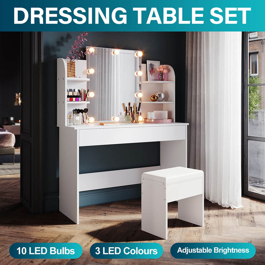 White Dressing Table Lighting Vanity Mirror Dresser Bedroom Furniture