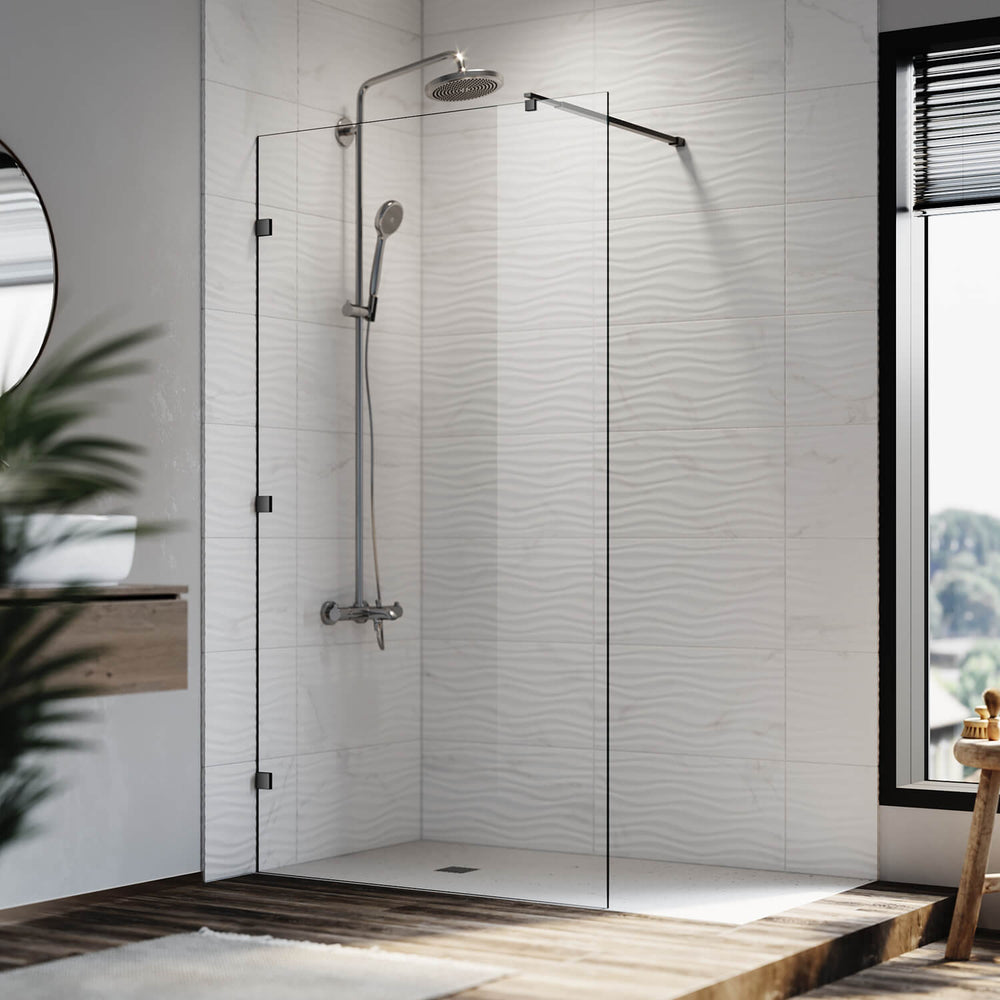 Elegant Showers Walk In Shower Frameless Screen Hinged Black Hardware