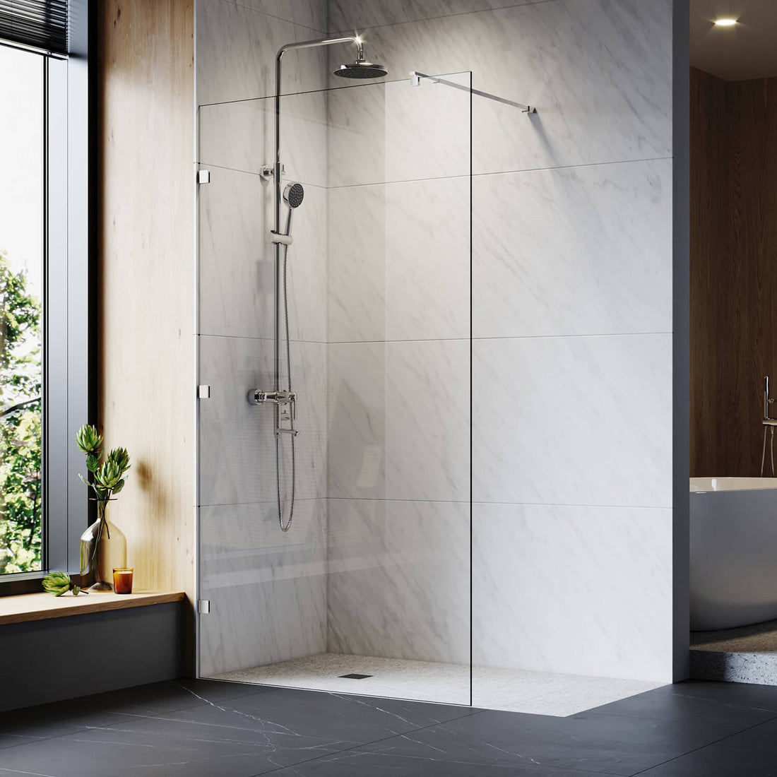 Elegant Showers Walk In Shower Frameless Screen Chrome Hardware Fixed