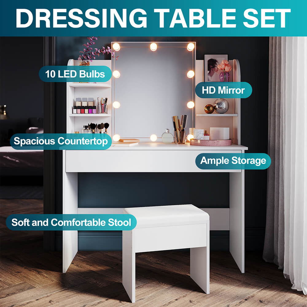 White Dressing Table Lighting Vanity Mirror Dresser Bedroom Furniture
