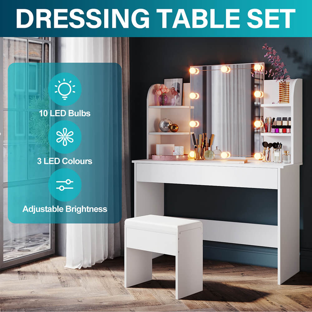 White Dressing Table Lighting Vanity Mirror Dresser Bedroom Furniture