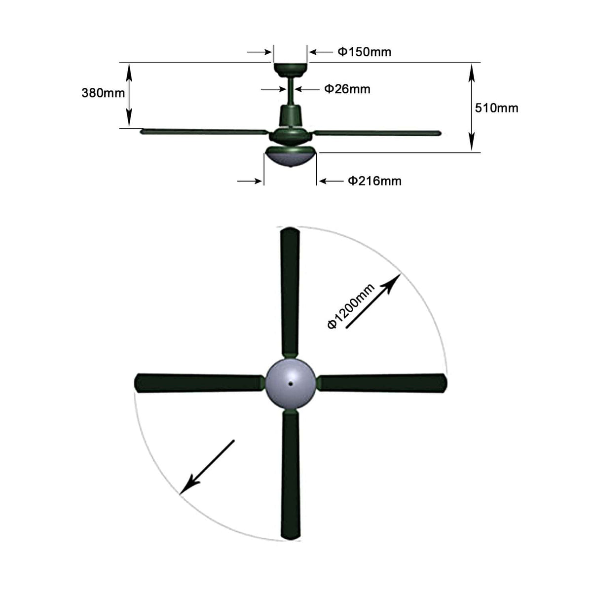 1200mm 48’‘ AC 3 Colors LED Light 4 Blades Remote Control Ceiling Fan