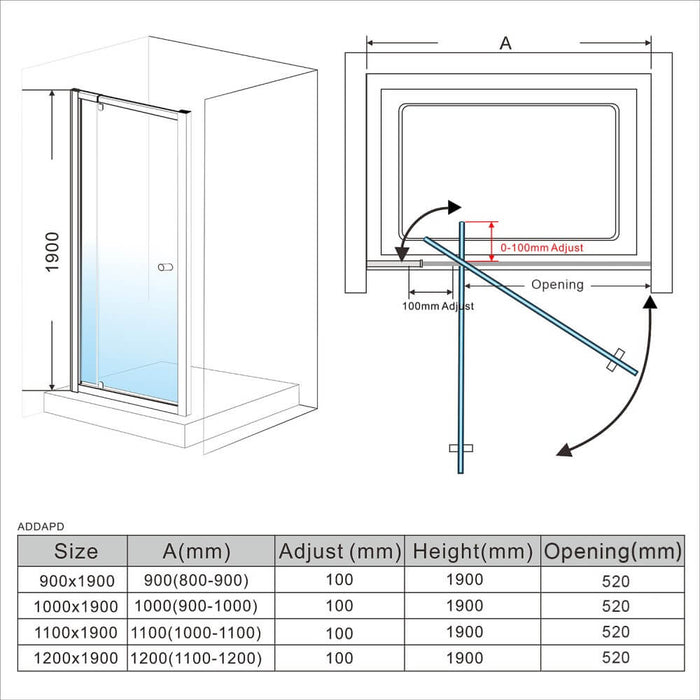 ELEGANT SHOWERS Semi-Frameless Shower Screen Pivot Door Adjustable