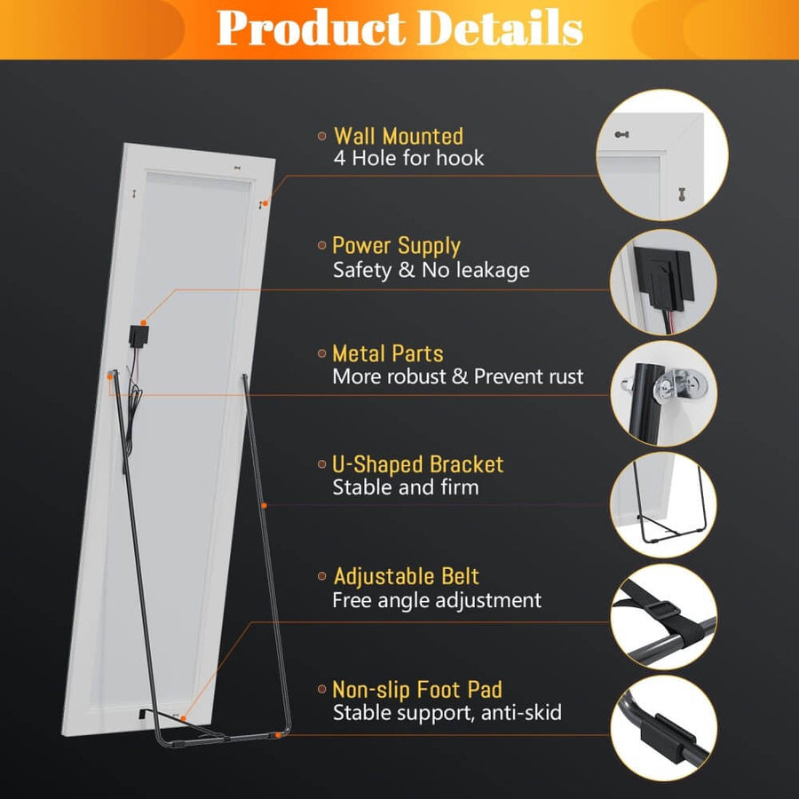 3 Color LED Light Full Length Dressing Mirror Wall Mounted Hanging