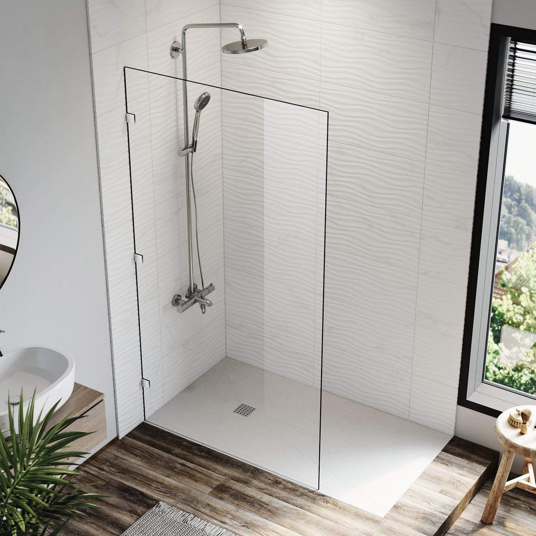 Elegant Showers Walk In Shower Frameless Screen Chrome Hardware Fixed