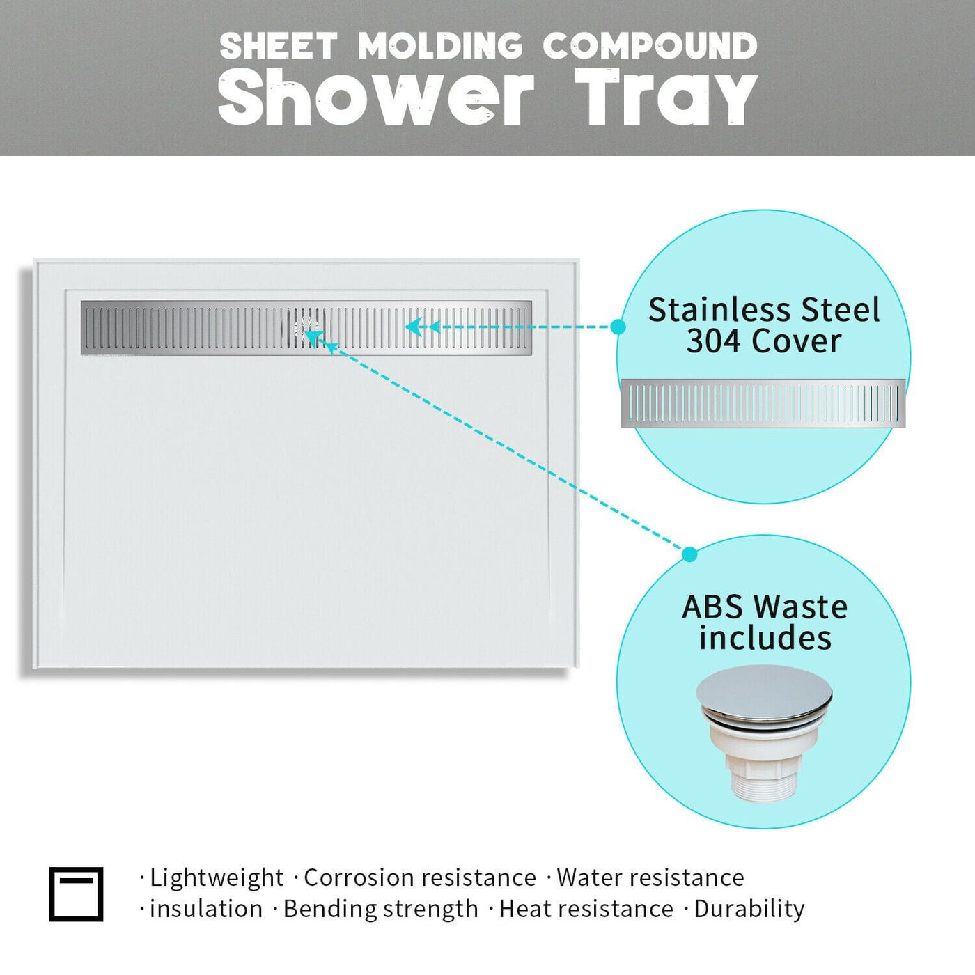 ELEGANT Rectangle Durable SMC Shower Base White